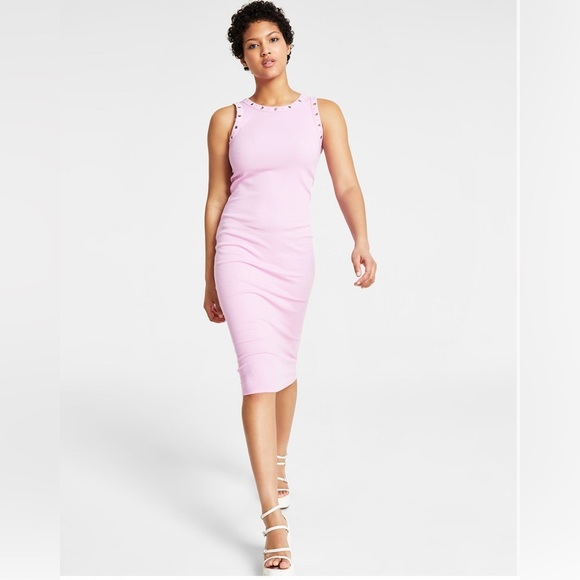Bar III | Dresses | Bar Iii Pink Bodycon Midi Dress Crew Neck ...